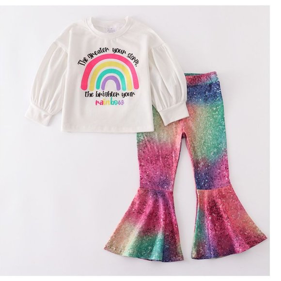 Matching Sets | Boutique Girls Long Sleeve Rainbow Shirt Bell Bottoms ...